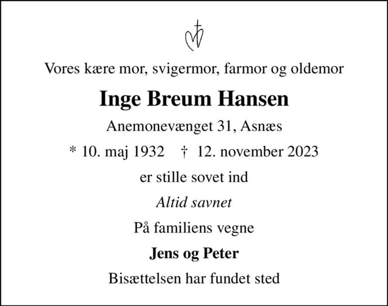 Inge Breum Hansen | Danmarks største medie for mindesider og dødsannoncer