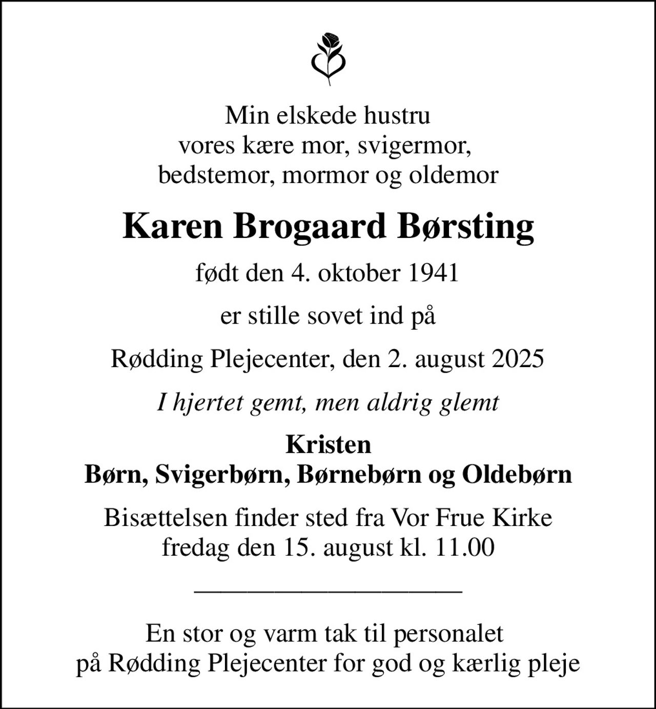 Karen Elisabeth Børsting | Dødsannoncer i Danmark