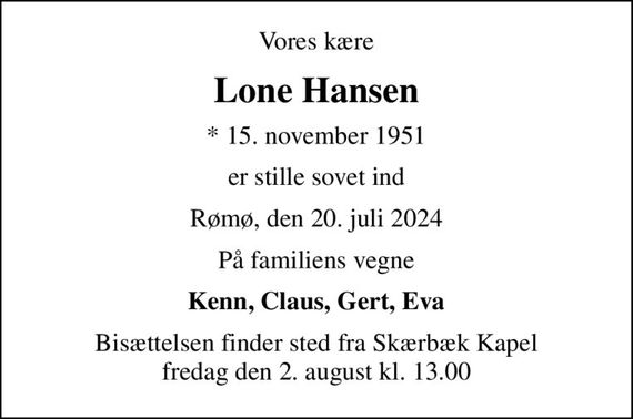 Lone Hansen | Dødsannoncer i Danmark
