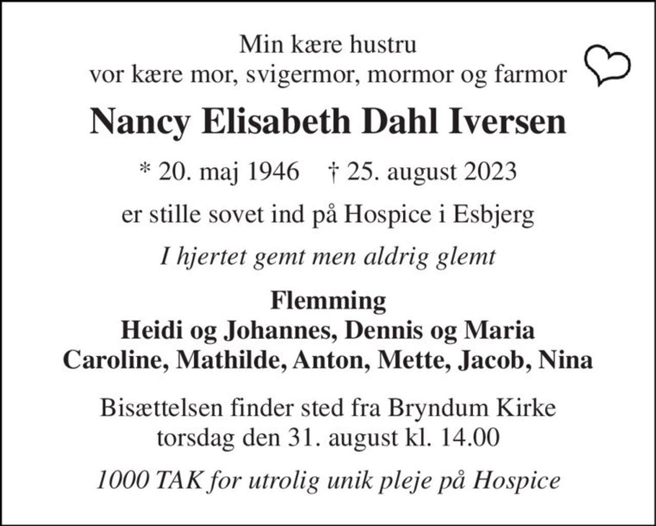 Nancy Elisabeth Dahl Iversen | Danmarks største medie for mindesider og ...