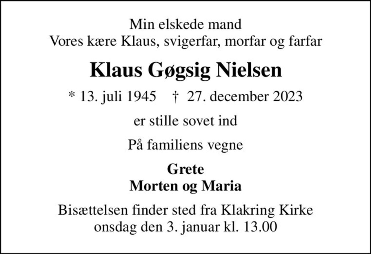 Klaus Gøgsig Nielsen | Dødsannoncer i Danmark