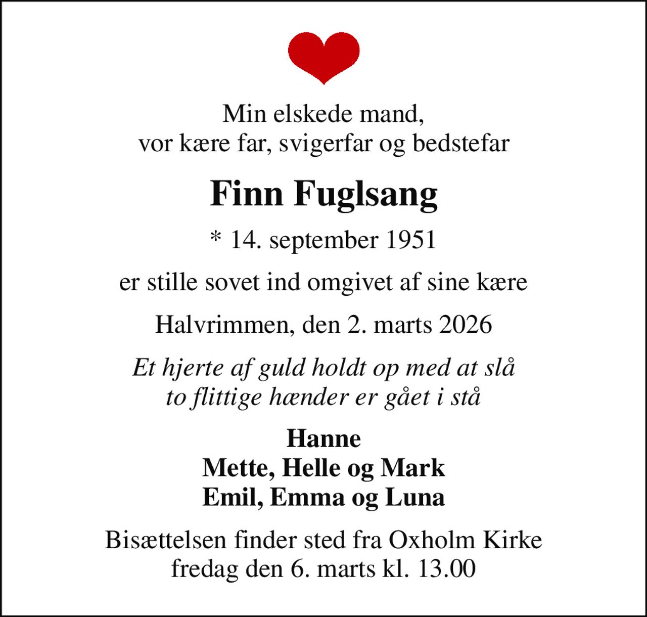 Finn Fuglsang | Danmarks største medie for mindesider og dødsannoncer