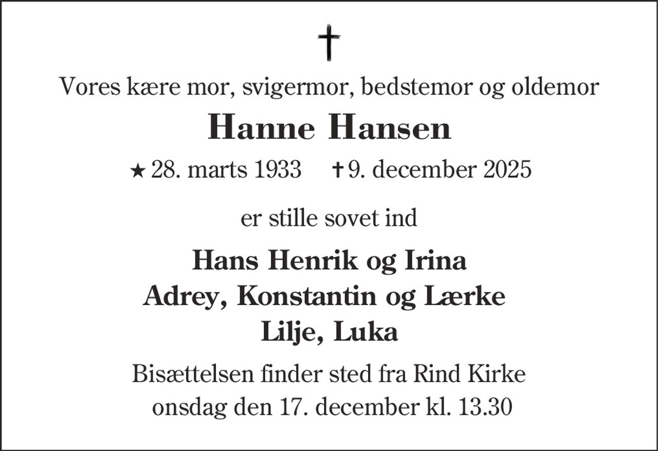 Hanne Hansen | Danmarks største medie for mindesider og dødsannoncer