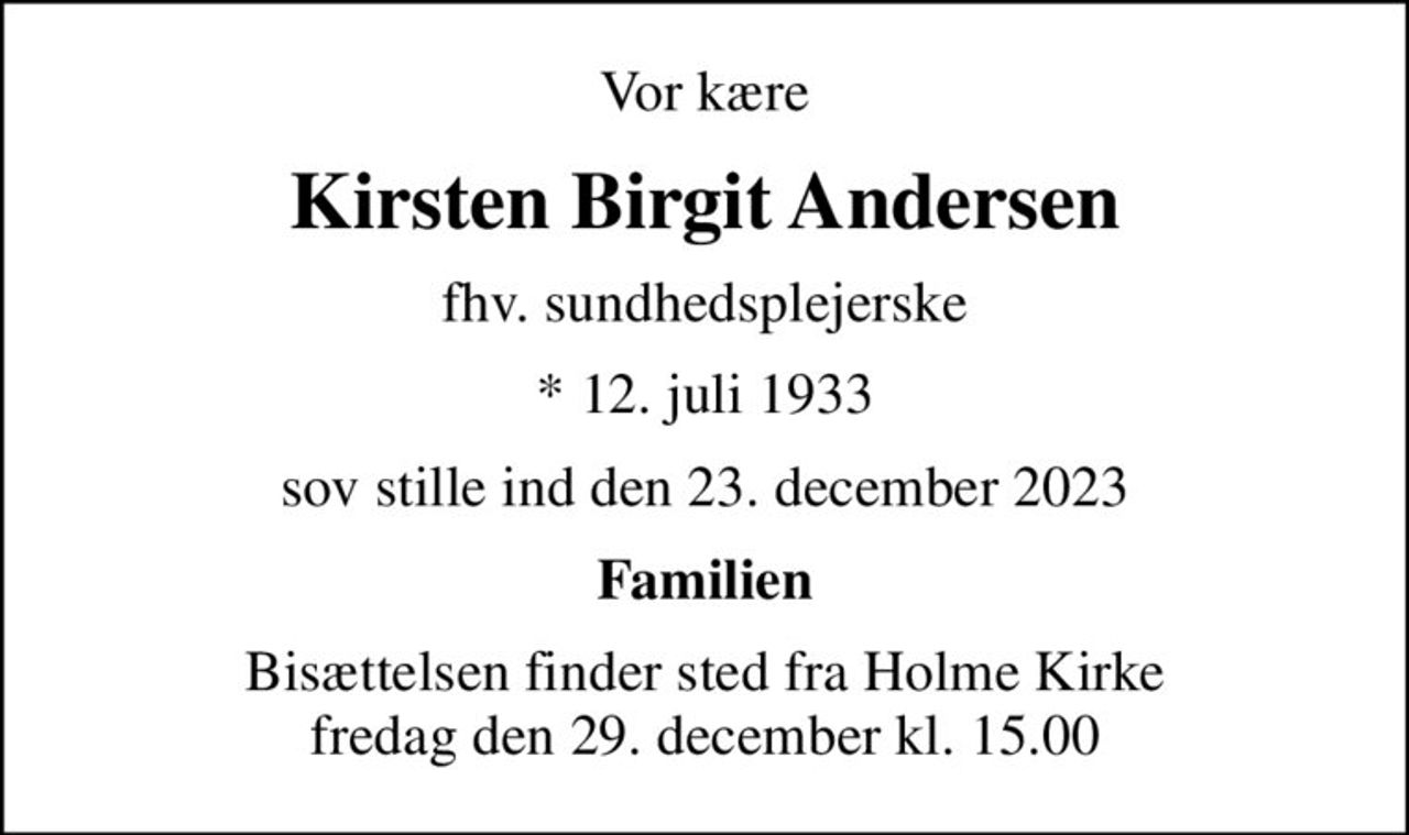 Kirsten Birgit Andersen | Dødsannoncer i Danmark