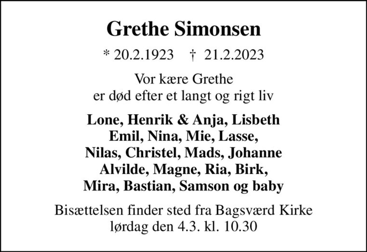 Grethe Simonsen | Dødsannoncer i Danmark