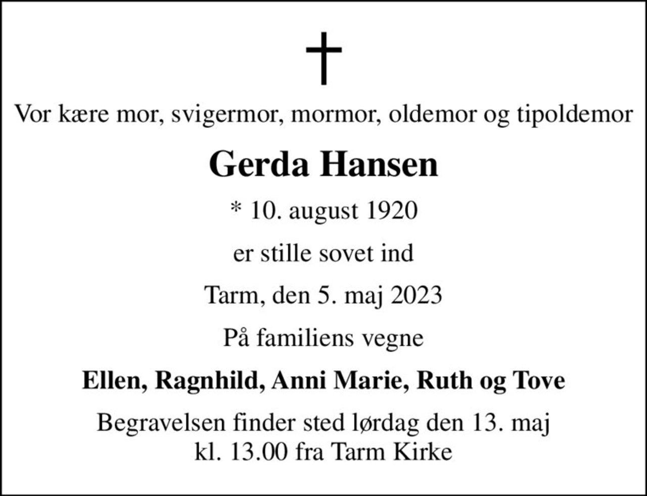 Gerda Hansen | Danmarks største medie for mindesider og dødsannoncer