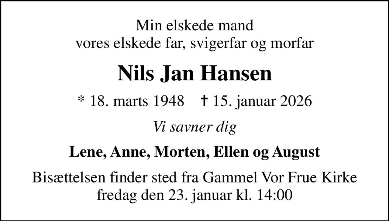 Nils Jan Hansen | Danmarks største medie for mindesider og dødsannoncer
