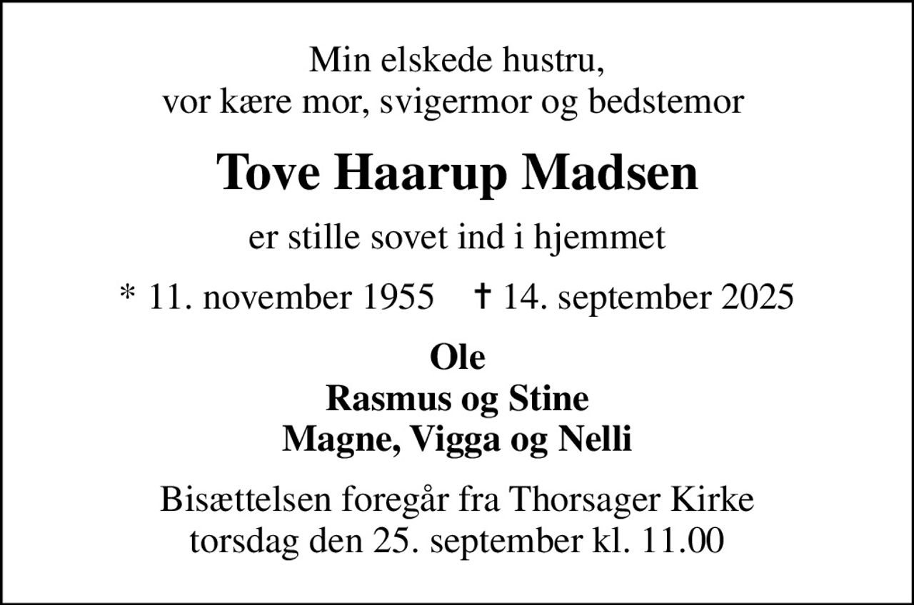Tove Haarup Madsen | Dødsannoncer i Danmark