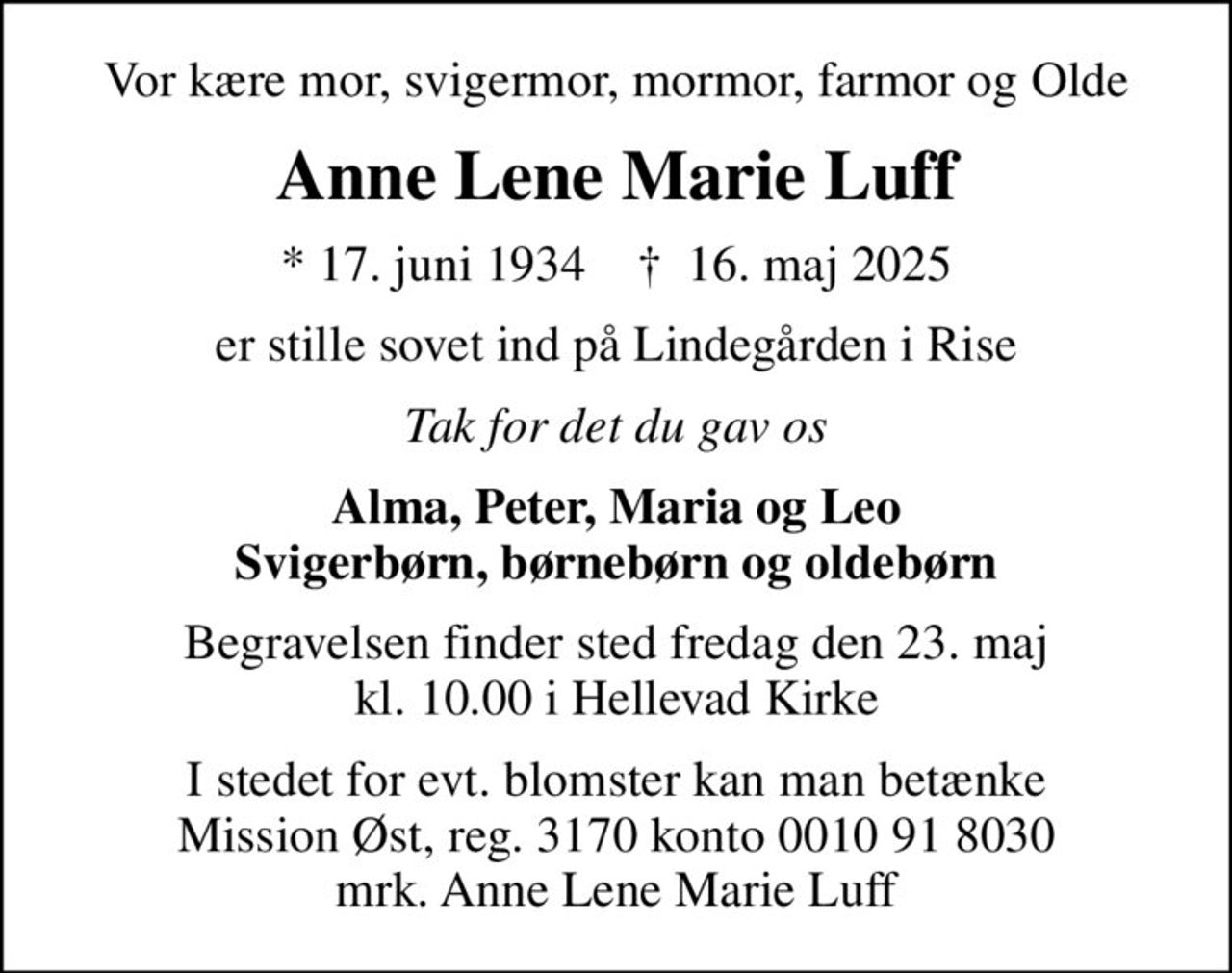 Anne Lene Marie Luff | Danmarks største medie for mindesider og ...