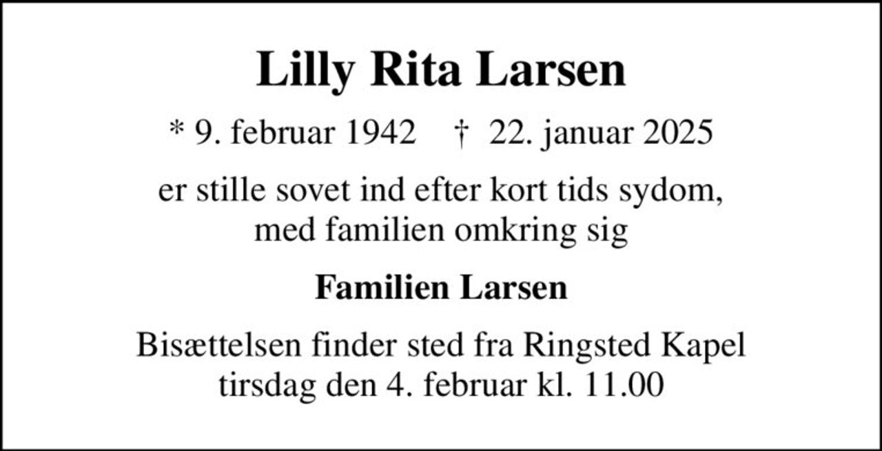 Lilly Rita Larsen | Danmarks største medie for mindesider og dødsannoncer