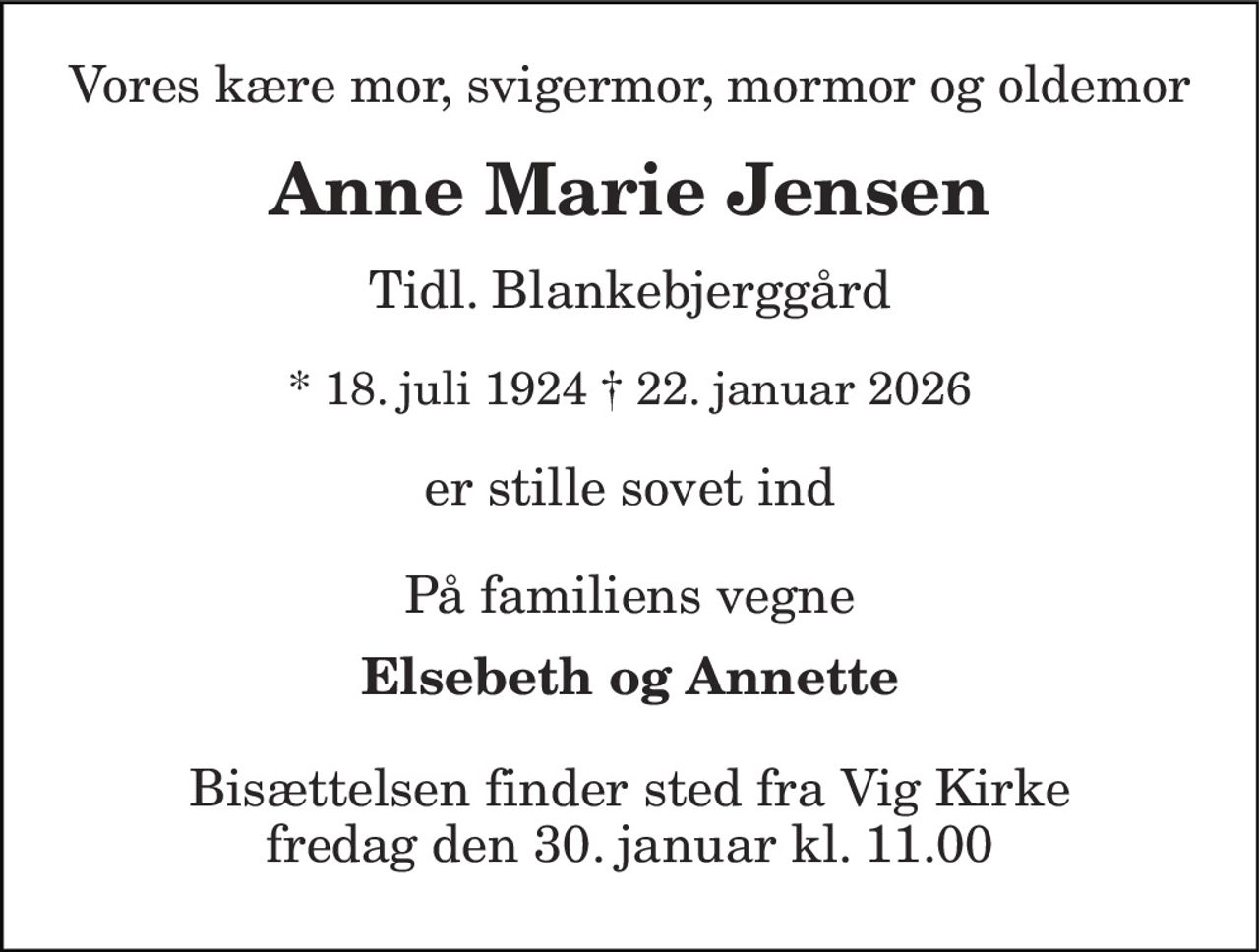 Anne Marie Jensen | Danmarks største medie for mindesider og dødsannoncer