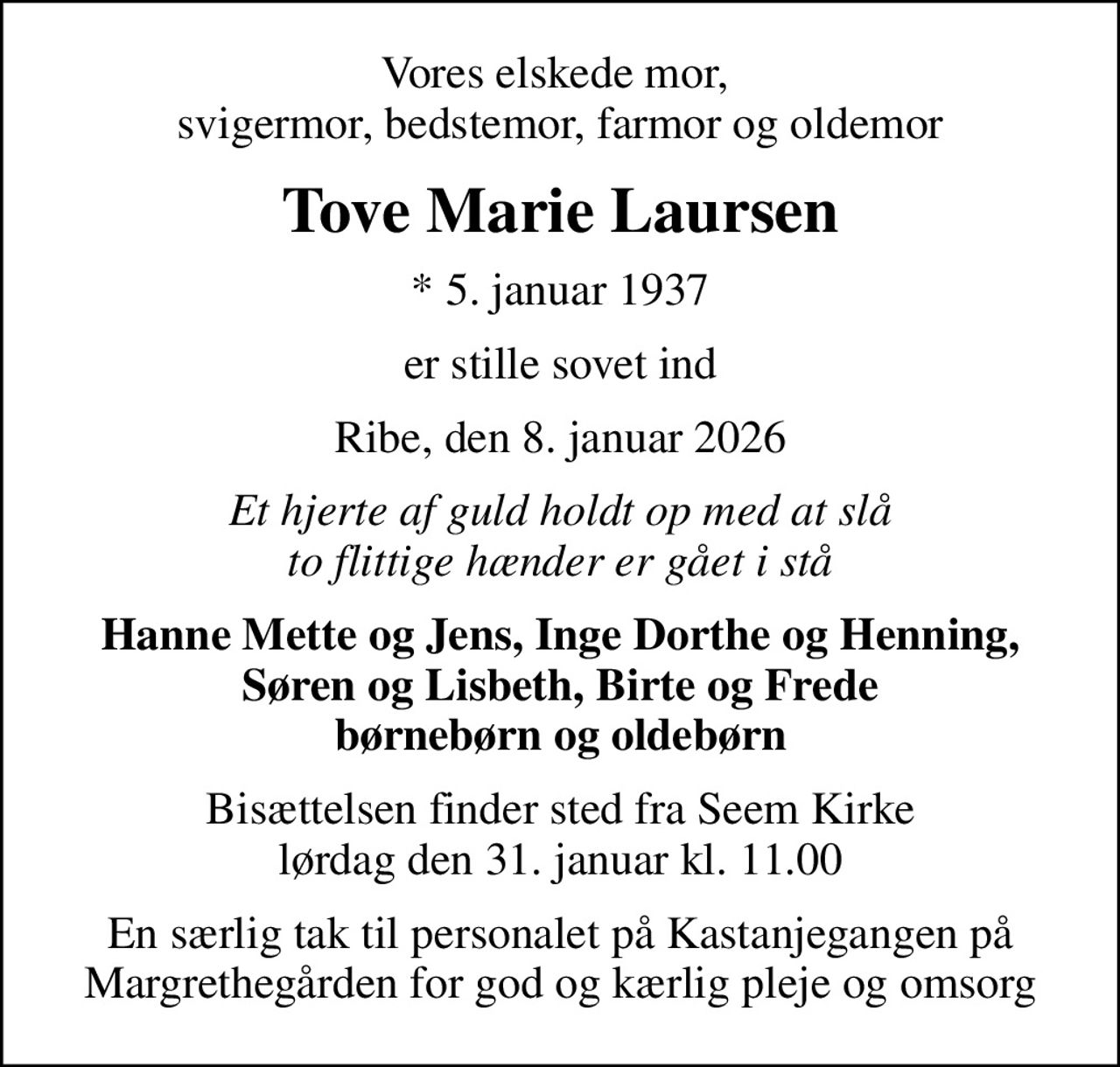 Tove Marie Laursen | Danmarks største medie for mindesider og dødsannoncer