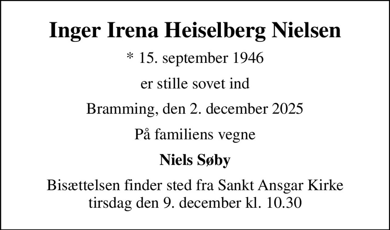 Inger Irena Heiselberg Nielsen | Danmarks største medie for mindesider og dødsannoncer