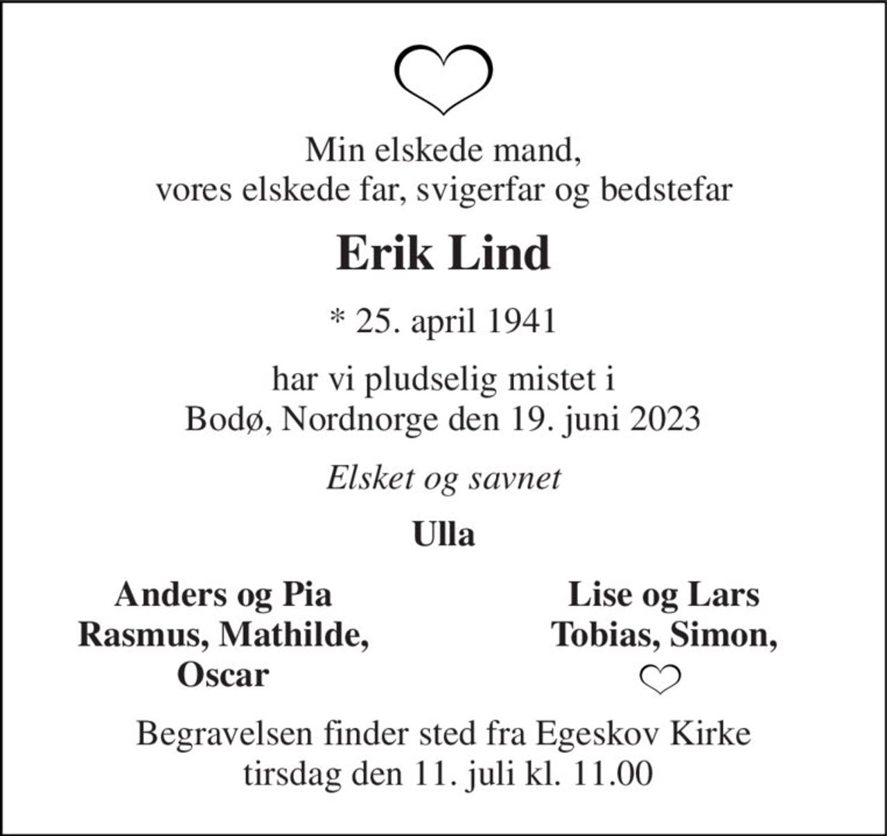 Erik Lind | Danmarks største medie for mindesider og dødsannoncer