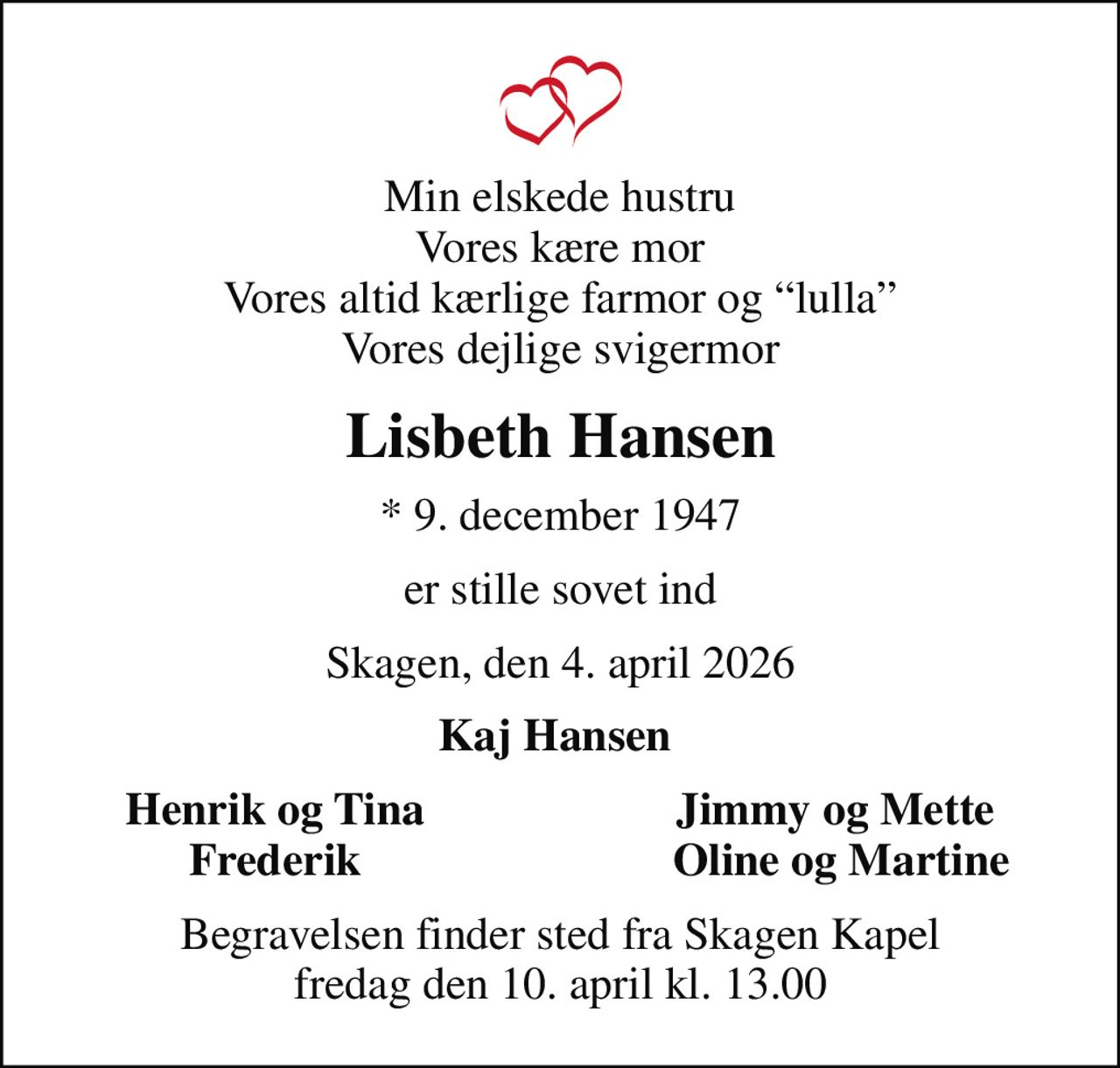 Lisbeth Hansen | Danmarks største medie for mindesider og dødsannoncer