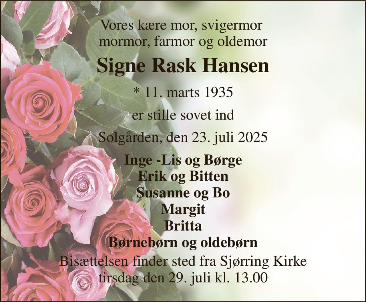 Signe Andrea Rask Hansen | Dødsannoncer i Danmark