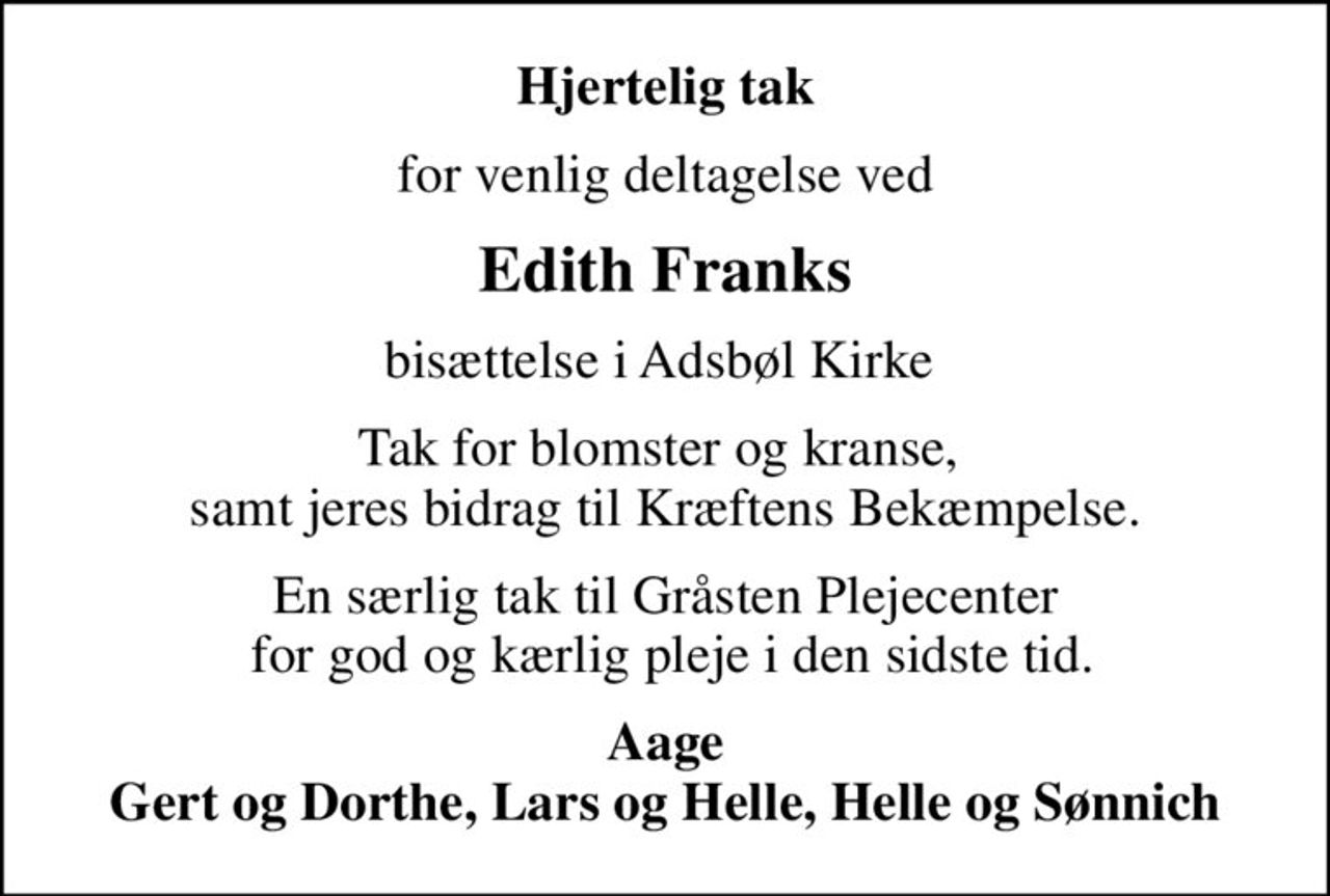Edith Frank | Danmarks største medie for mindesider og dødsannoncer