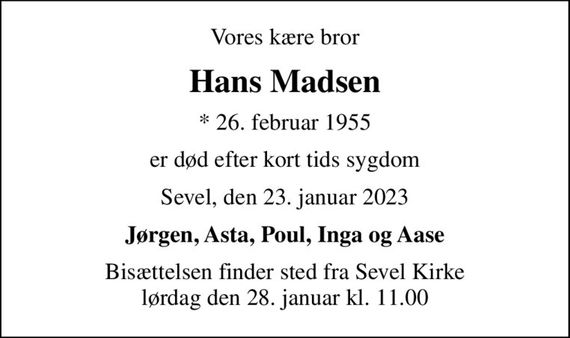 Hans Madsen | Dødsannoncer i Danmark