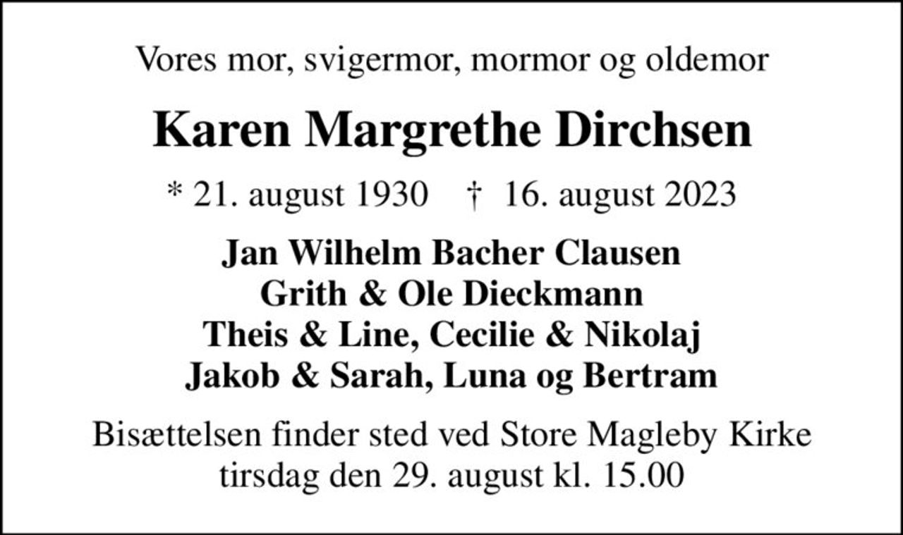 Karen Margrethe Dirchsen | Dødsannoncer i Danmark