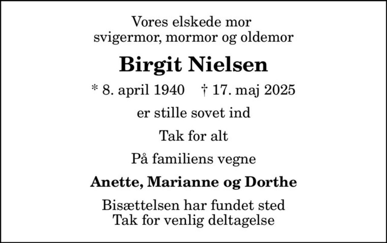 Birgit Nielsen | Dødsannoncer i Danmark