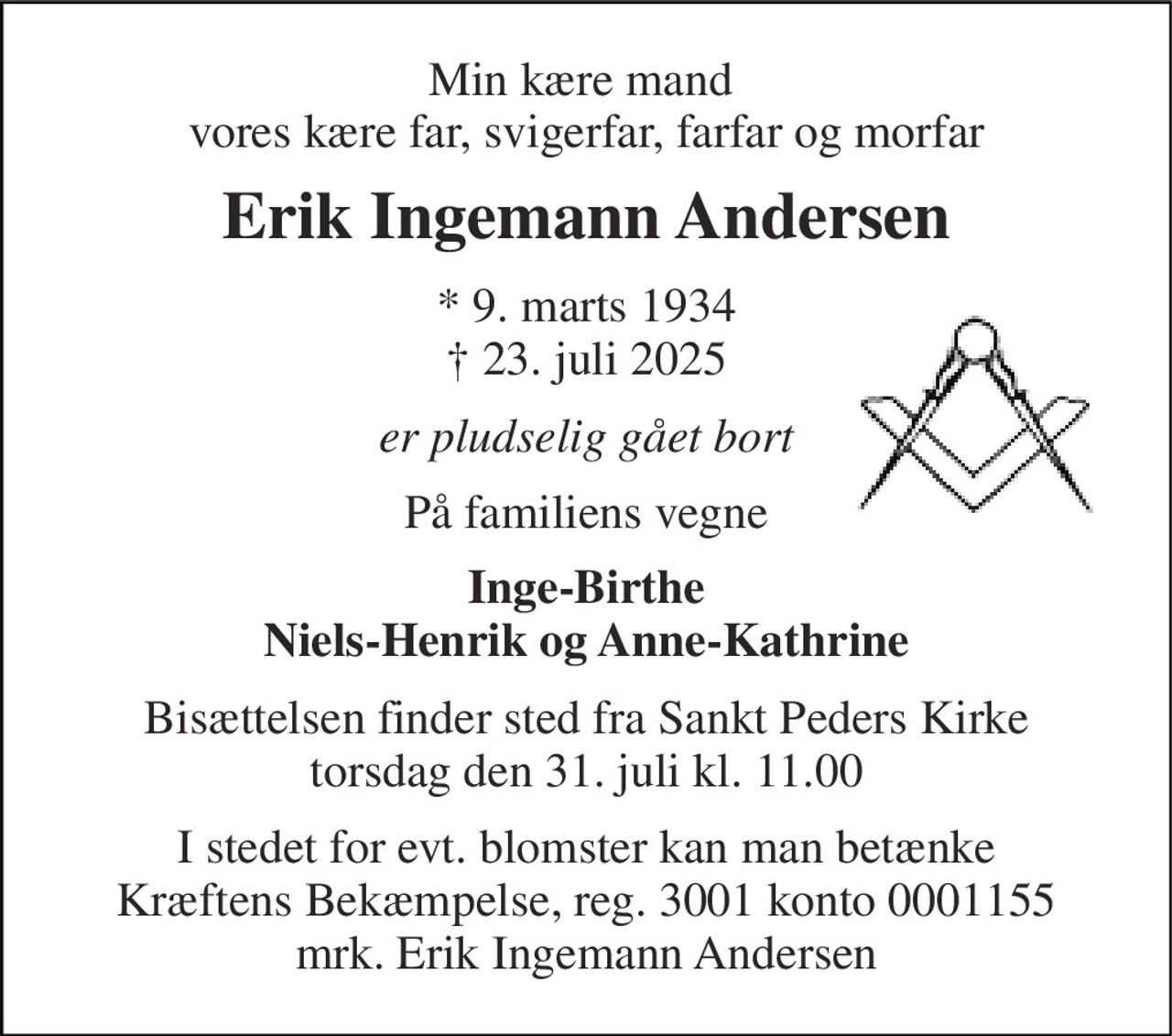 Erik Ingemann Andersen | Dødsannoncer i Danmark