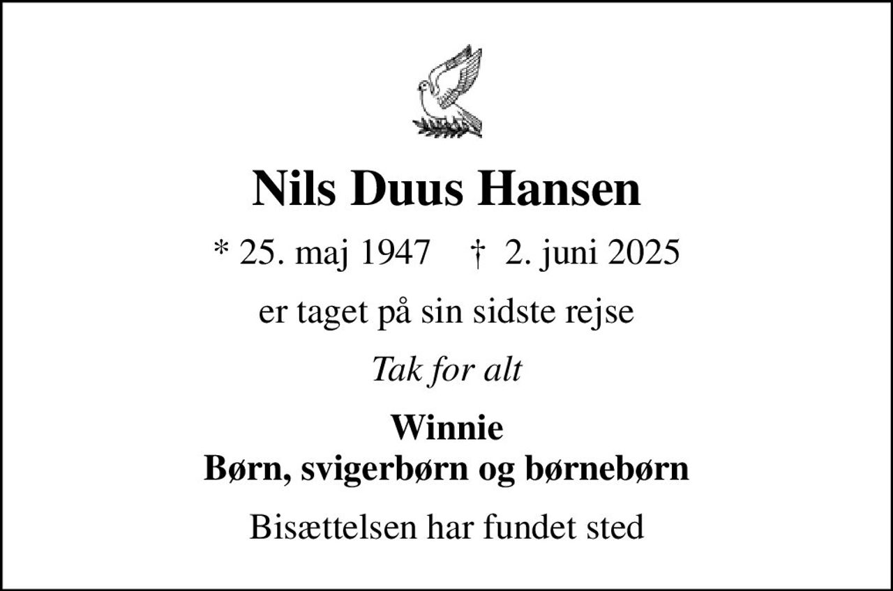Nils Duus Hansen | Danmarks største medie for mindesider og dødsannoncer