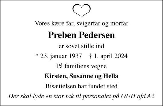 Preben Pedersen | Dødsannoncer i Danmark