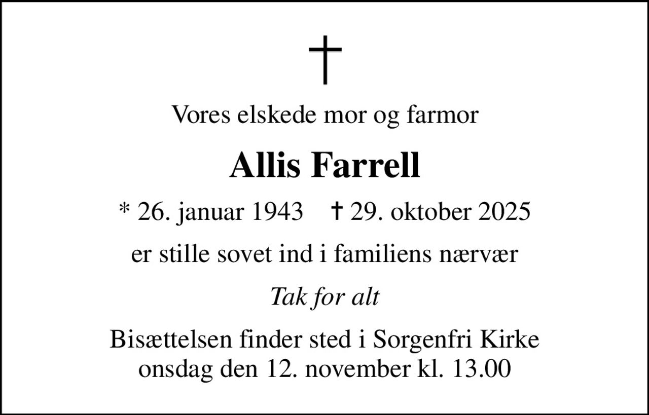 Allis Jytte Farrell | Danmarks største medie for mindesider og dødsannoncer