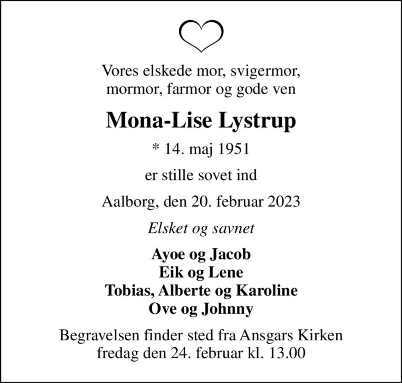 Mona-Lise Lystrup | Dødsannoncer i Danmark