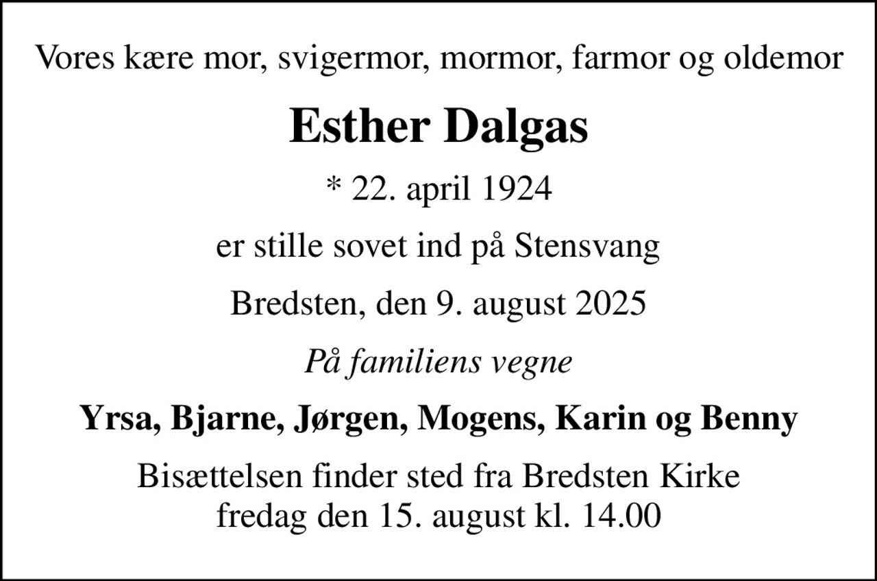 Esther Dalgas | Dødsannoncer i Danmark