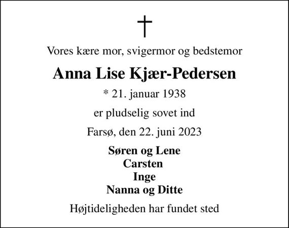 Anna Lise Kjær-Pedersen | Dødsannoncer i Danmark