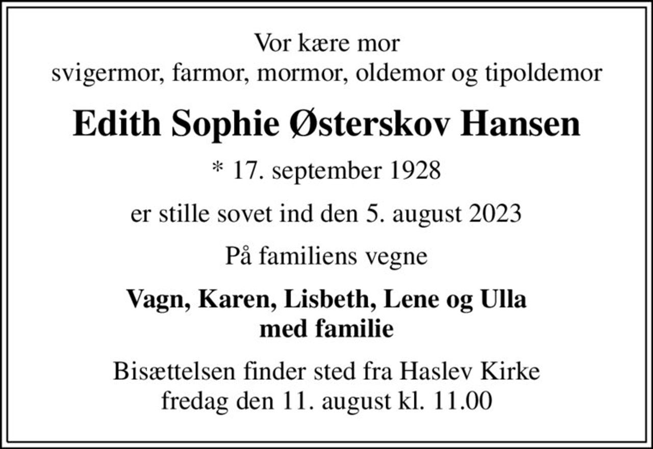 Edith Sophie Østerskov Hansen | Dødsannoncer i Danmark