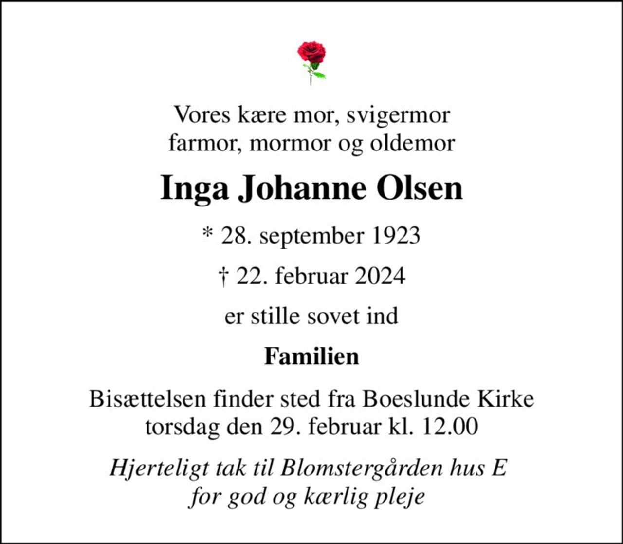 Inga Johanne Olsen | Danmarks største medie for mindesider og dødsannoncer