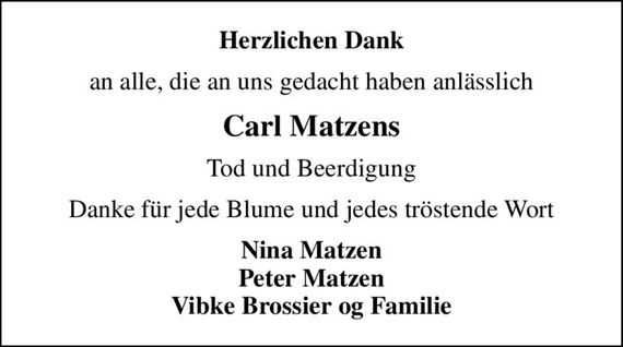 Carl Matzen | Dødsannoncer i Danmark