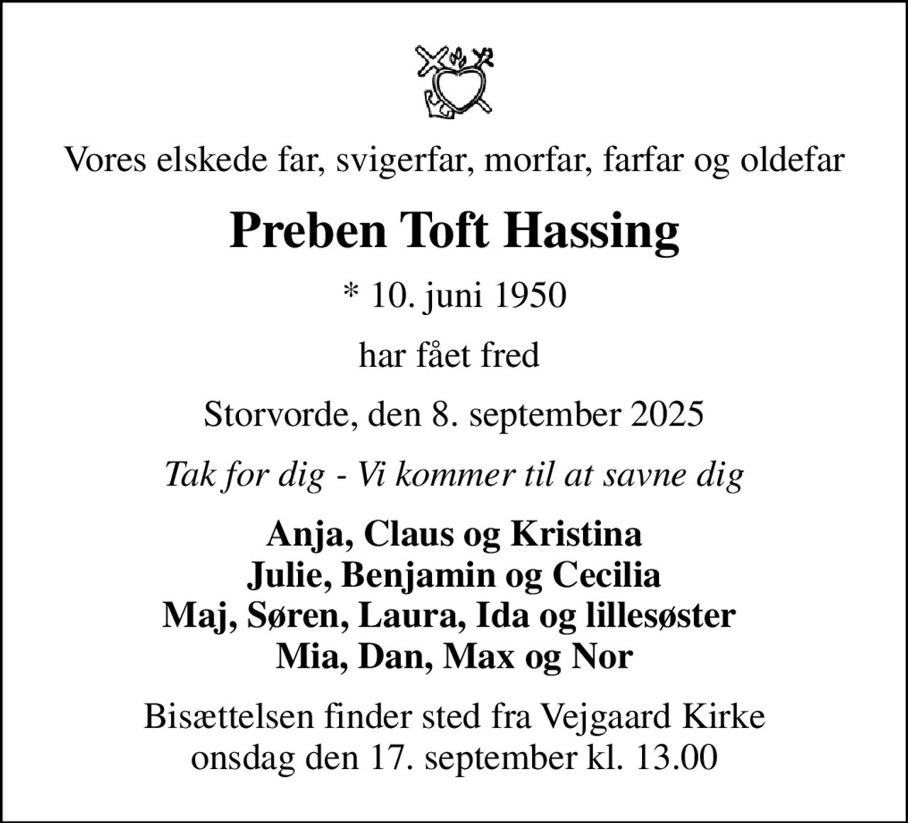 Preben Toft Hassing | Dødsannoncer i Danmark