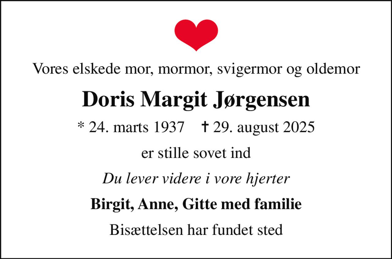 Doris Margit Jørgensen | Dødsannoncer i Danmark
