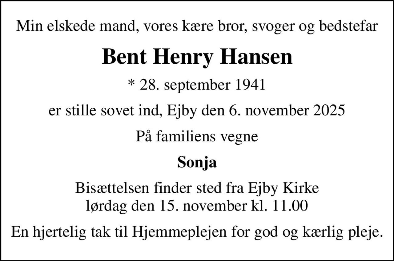 Bent Henry Hansen | Danmarks største medie for mindesider og dødsannoncer