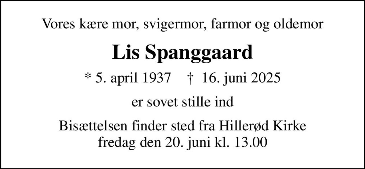 Lis Spanggaard | Dødsannoncer i Danmark