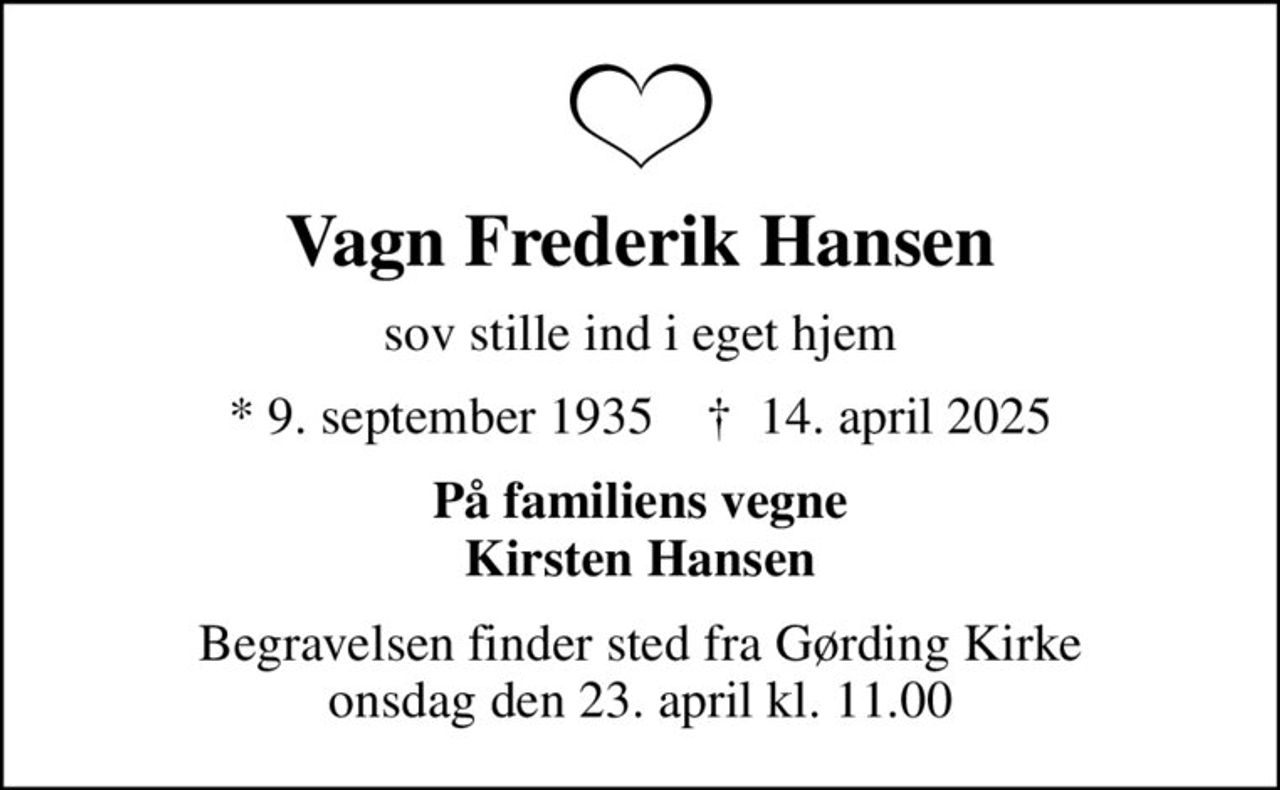 Vagn Frederik Hansen | Dødsannoncer i Danmark