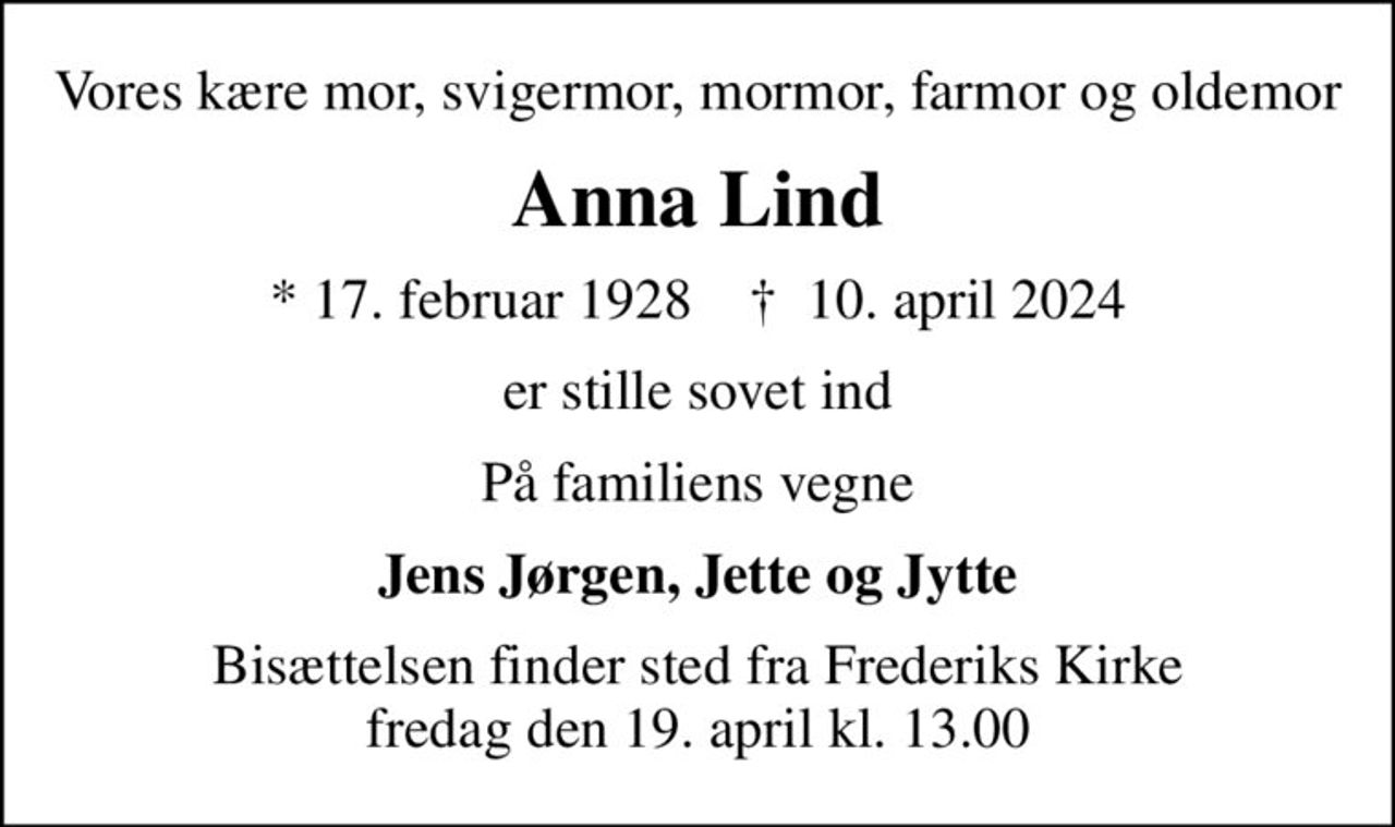 Anna Kirstine Lind | Danmarks største medie for mindesider og dødsannoncer