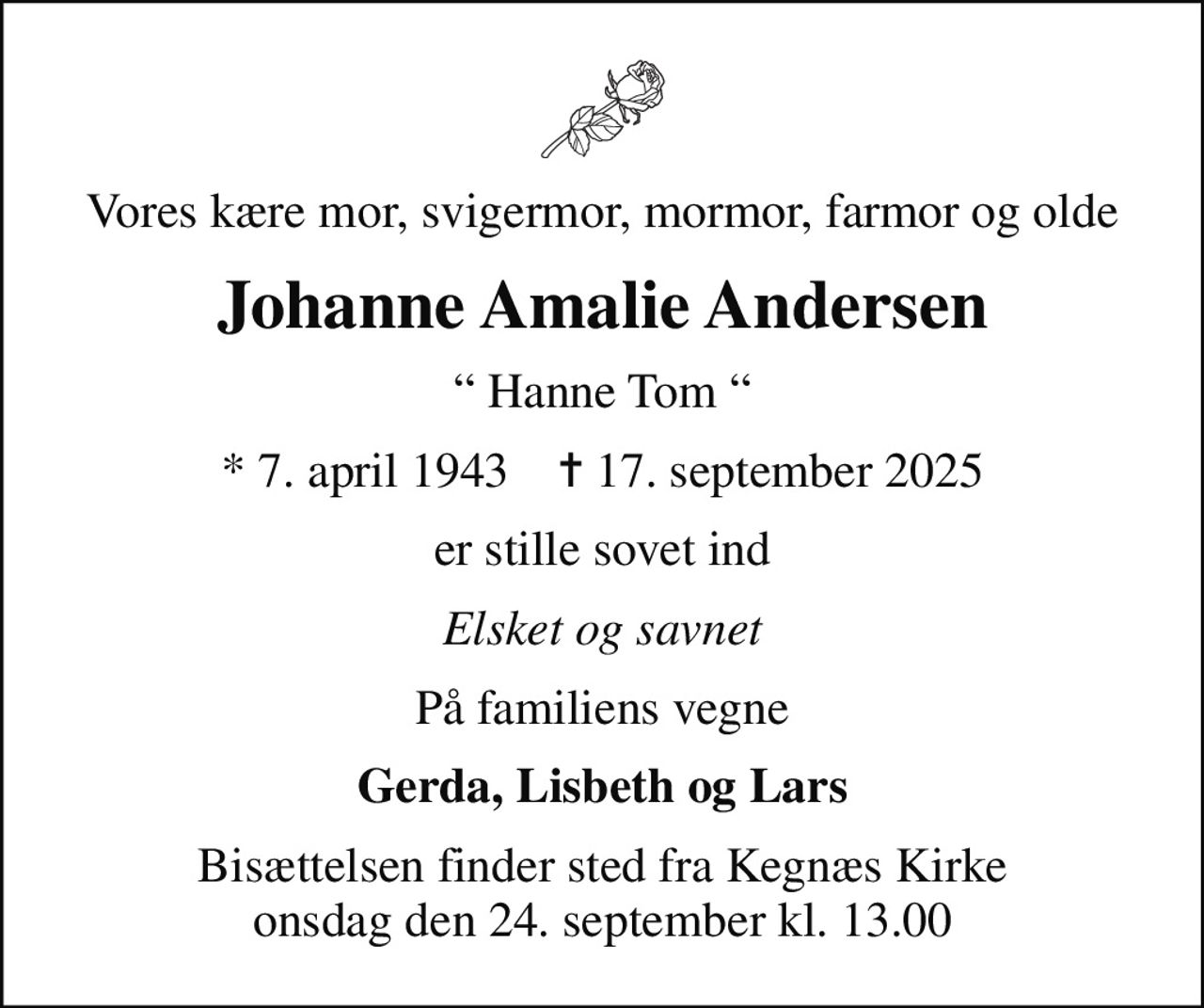 Johanne Amalie Andersen | Dødsannoncer i Danmark