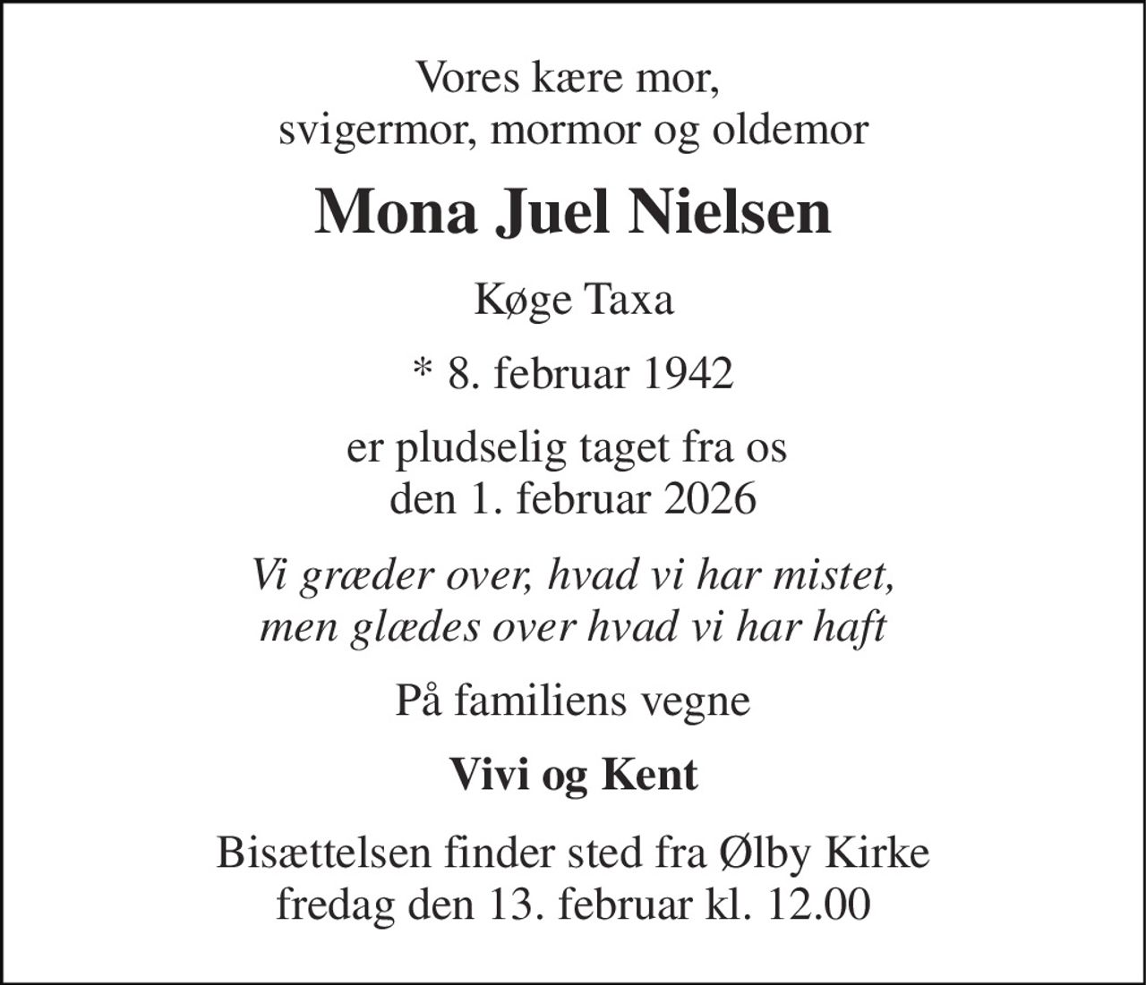 Mona Juel Nielsen | Danmarks største medie for mindesider og dødsannoncer
