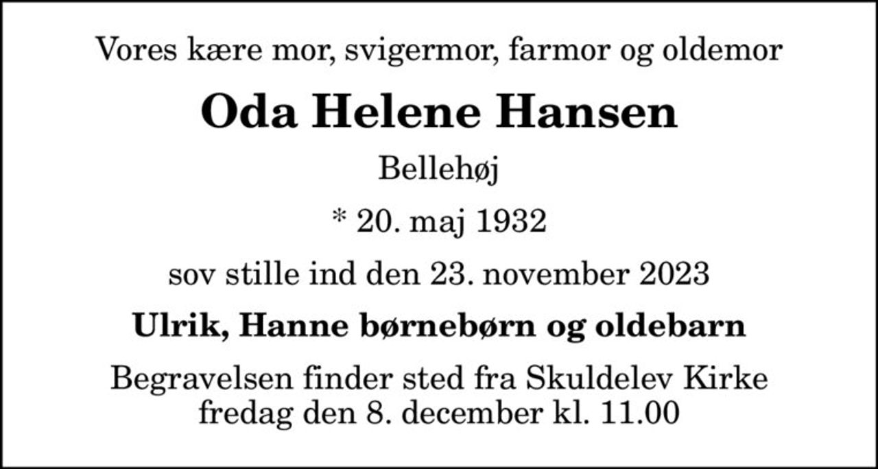 Oda Helene Hansen | Danmarks største medie for mindesider og dødsannoncer