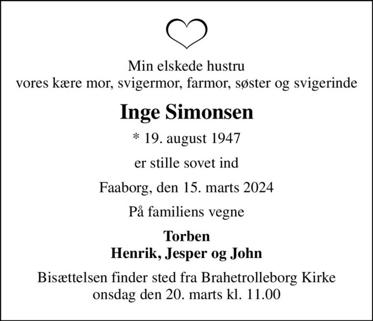 Inge Simonsen | Dødsannoncer i Danmark