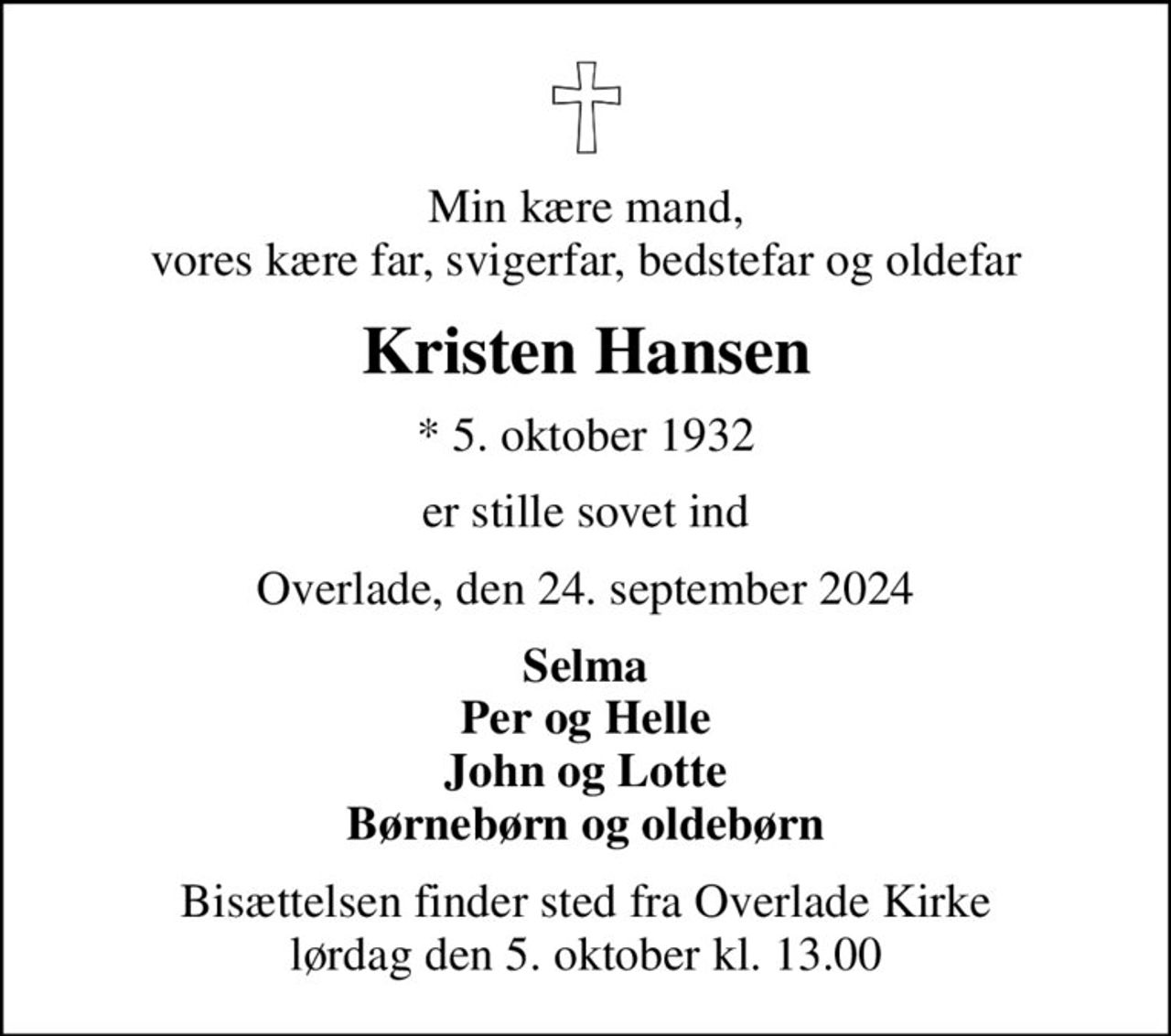 Kristen Hansen | Danmarks største medie for mindesider og dødsannoncer