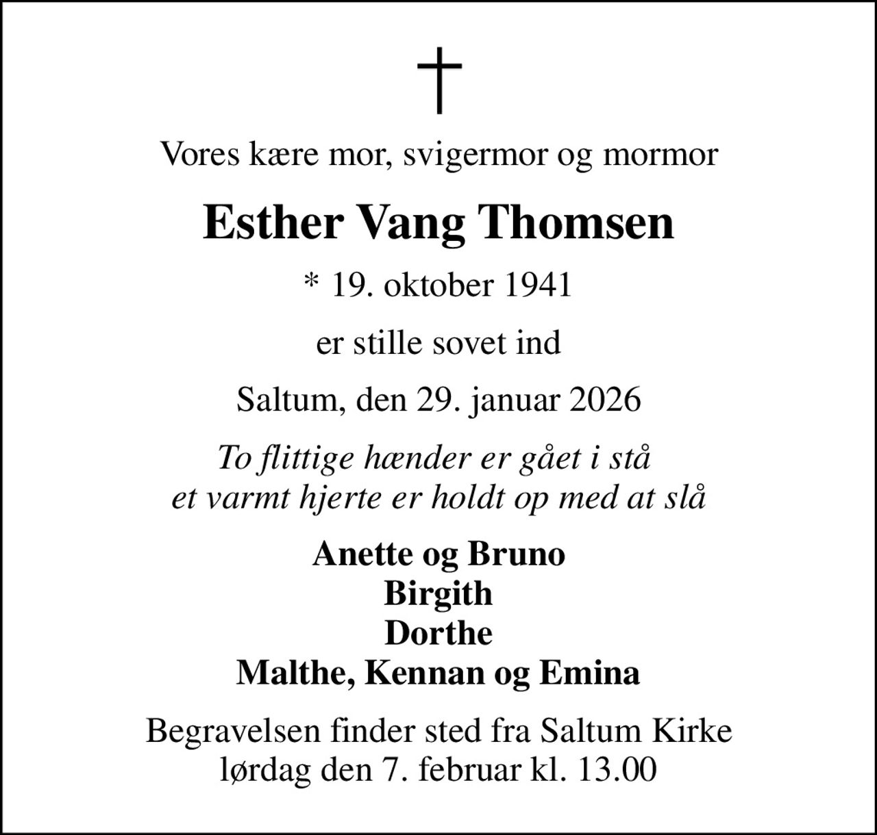 Esther Vang Thomsen | Danmarks største medie for mindesider og dødsannoncer