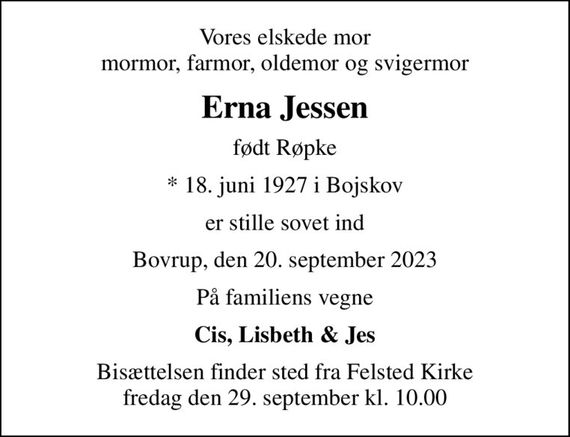 Erna Jessen | Dødsannoncer i Danmark