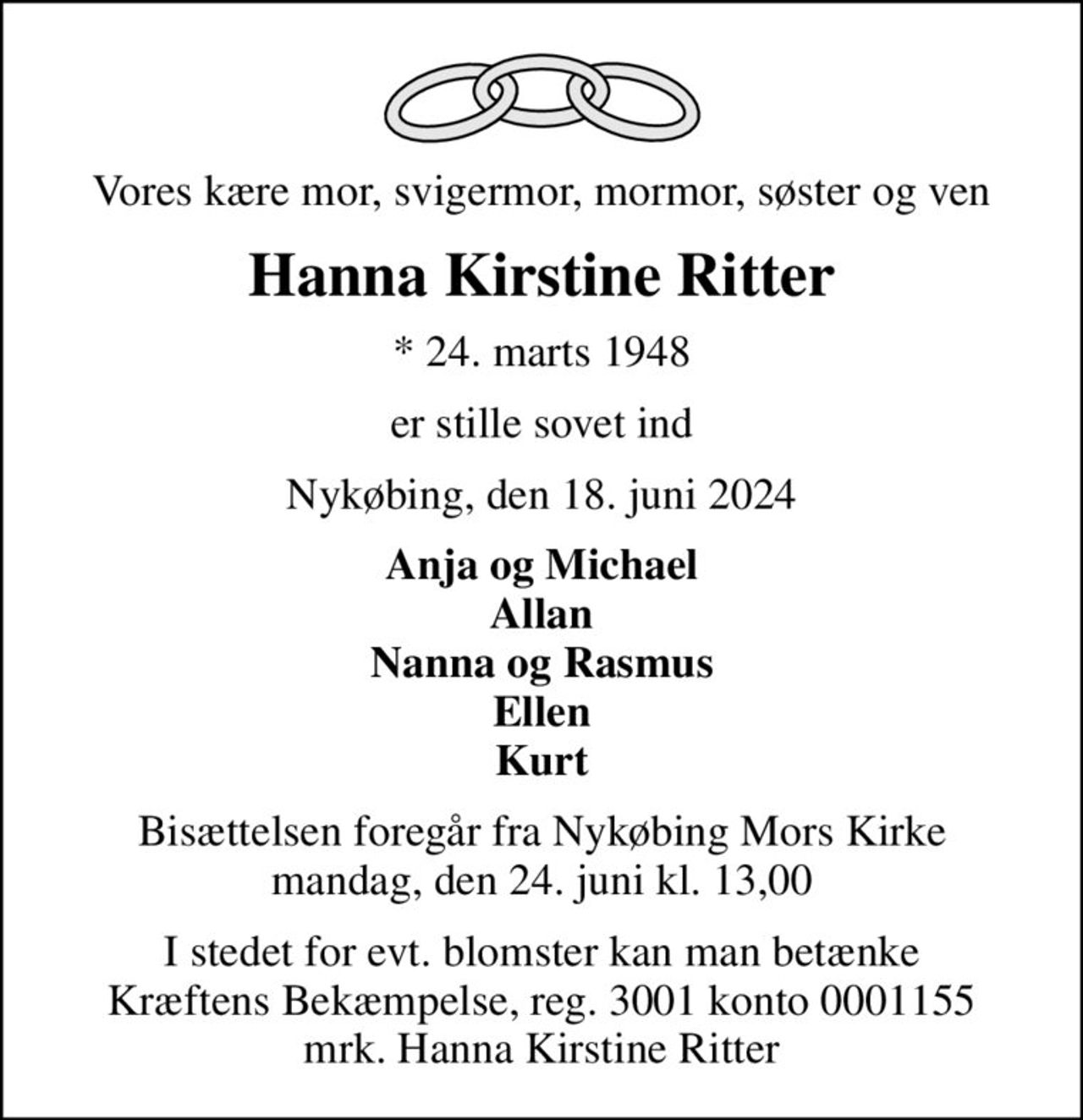 Hanna Kirstine Ritter | Dødsannoncer i Danmark
