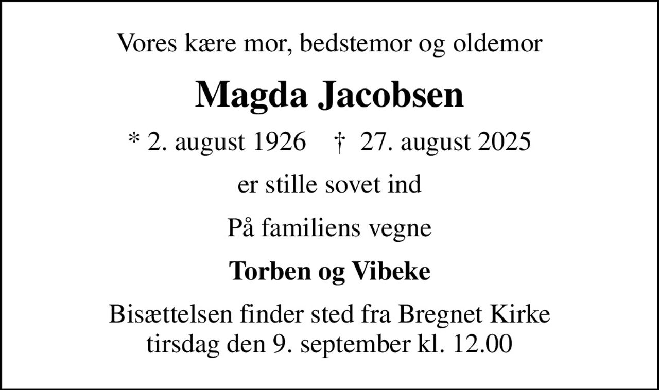 Magda Jacobsen | Dødsannoncer i Danmark