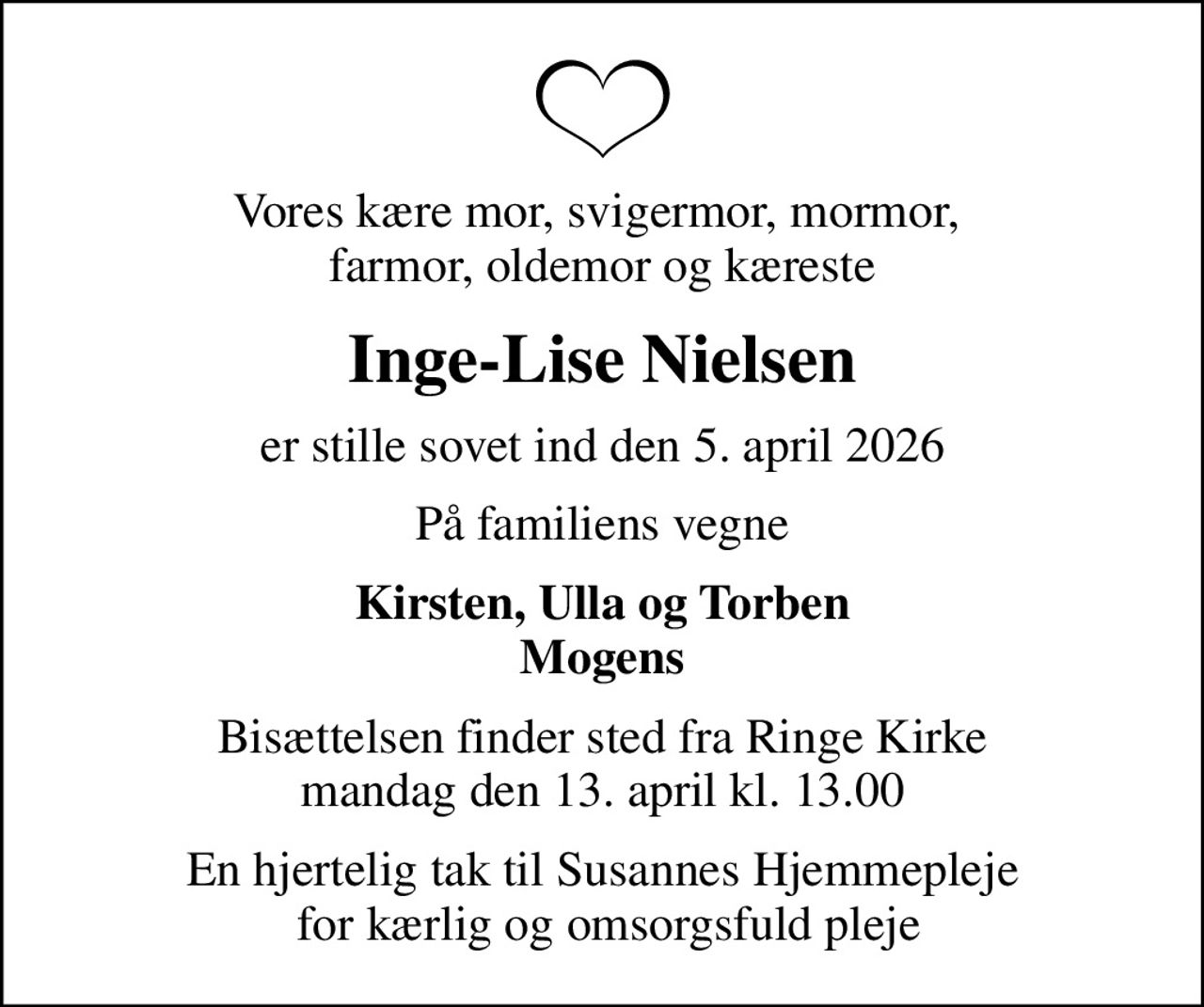Inge-Lise Nielsen | Danmarks største medie for mindesider og dødsannoncer